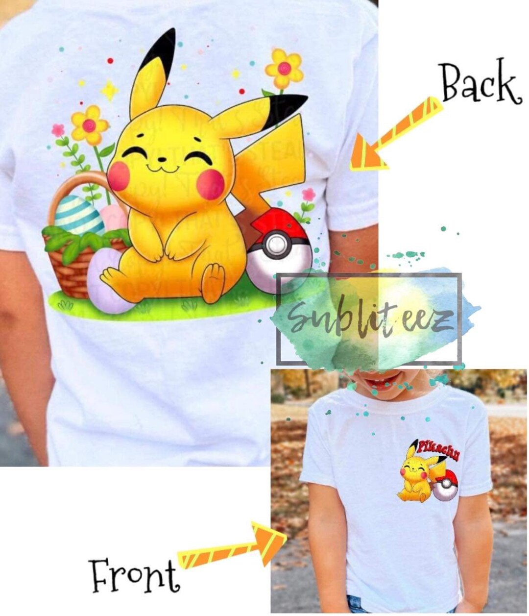 Front and Back Design of Easter Day With Pikachu and His Easter Basket ...