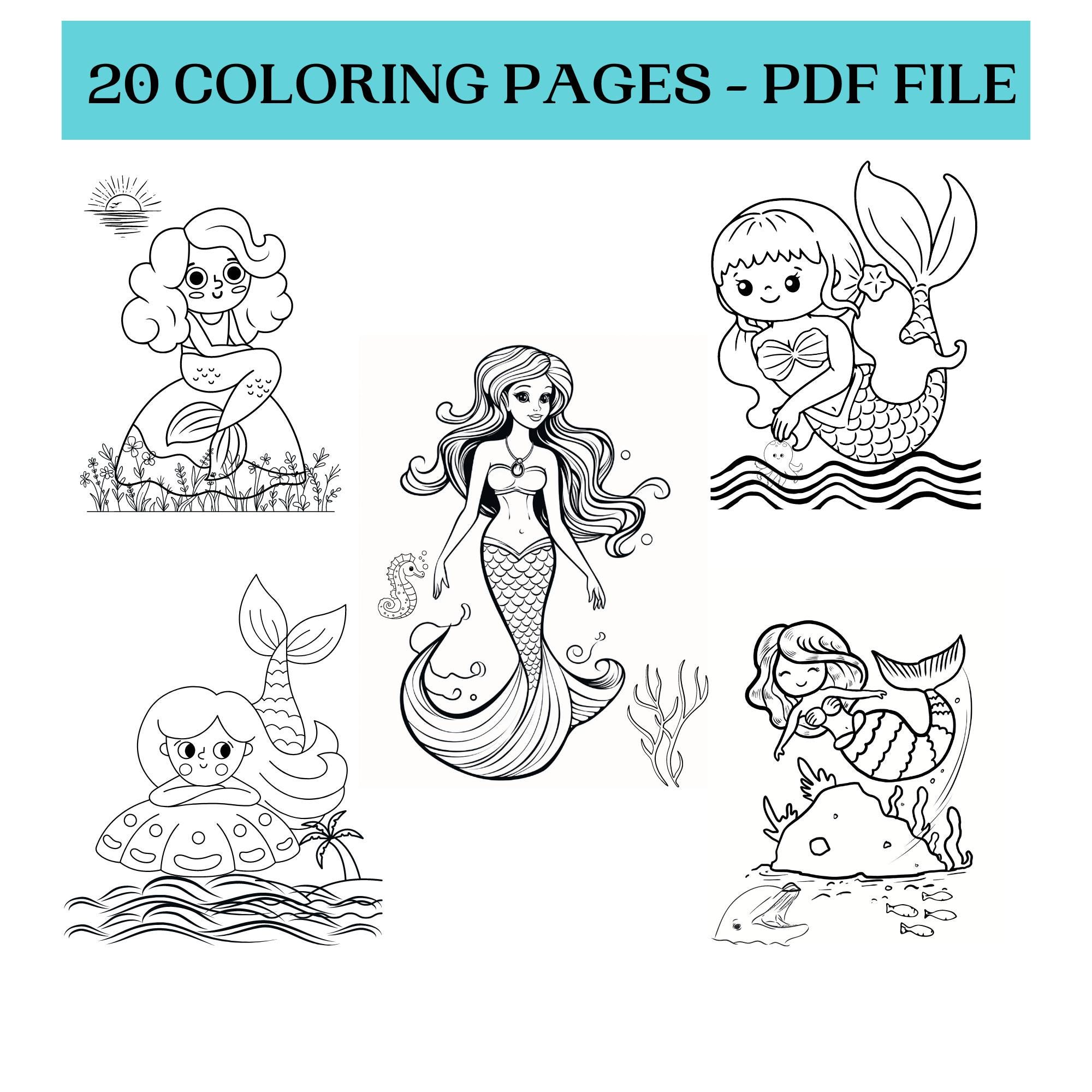 Mermaid Coloring Pages for Kids 20 Printable Sheets of Underwater Fun ...