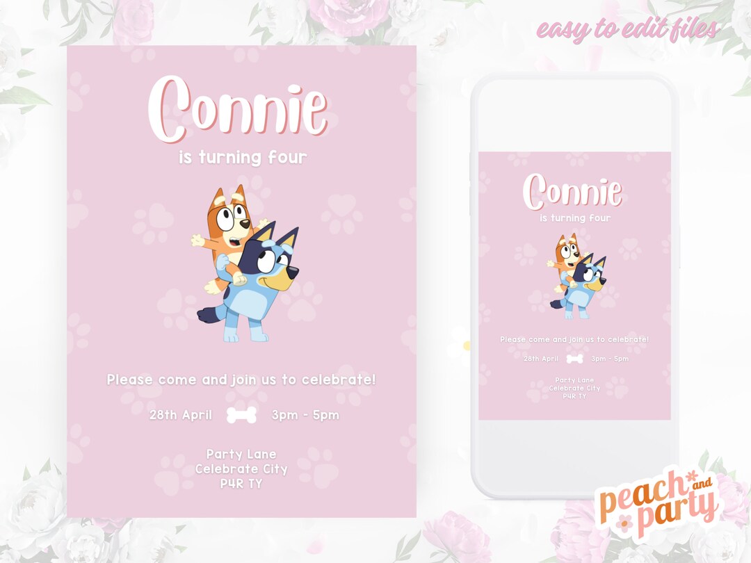 Girly Bluey Birthday Invitation, Editable Pastel Pink Bluey Birthday ...