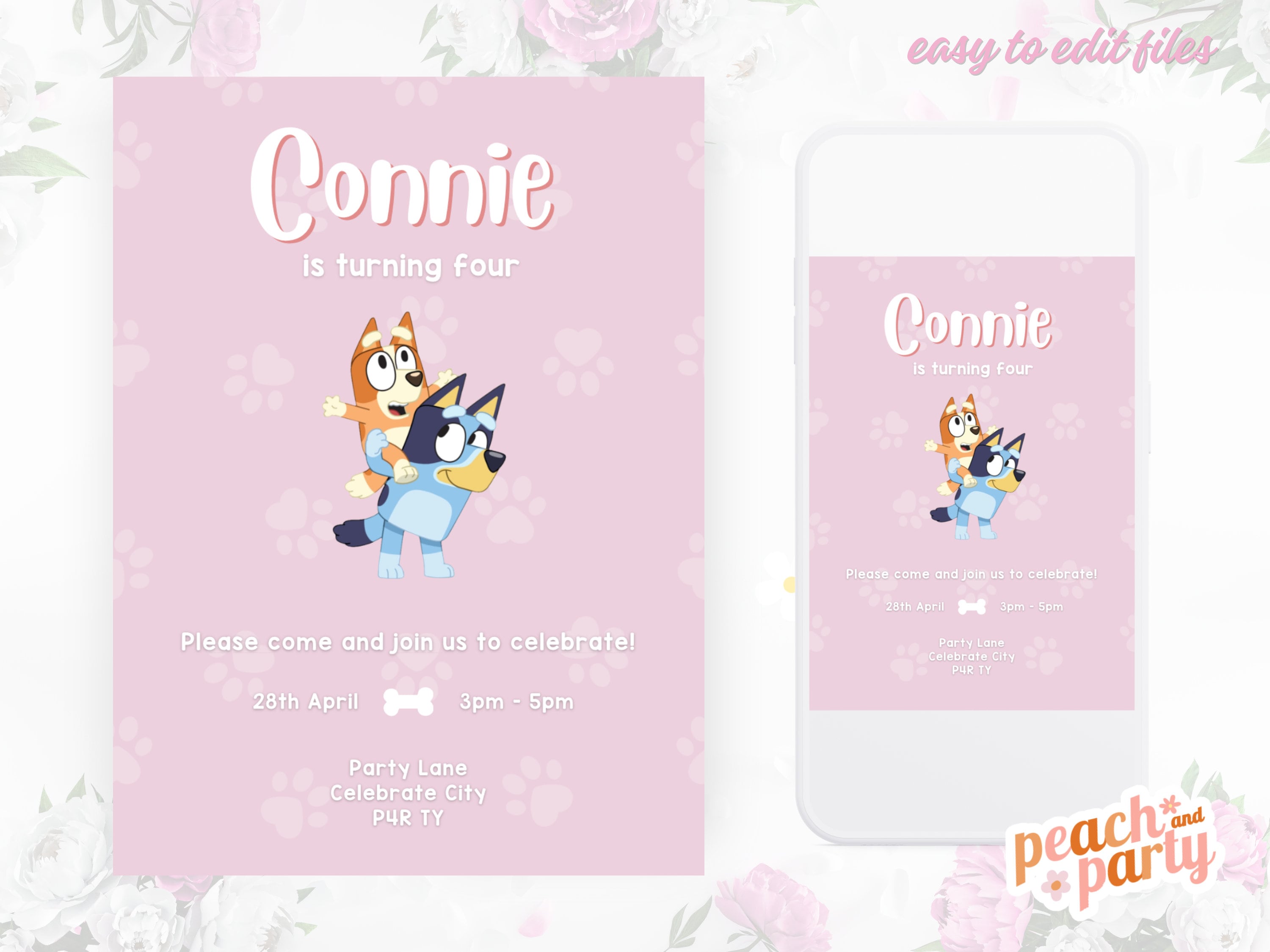 Girly Bluey Birthday Invitation, Editable Pastel Pink Bluey Birthday ...