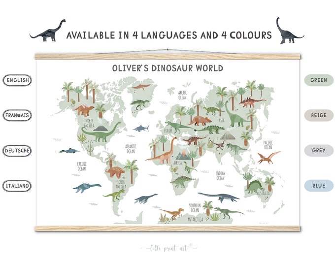 DINOSAUR World Map - Various Colours - Childrens Map - Map of the World ...