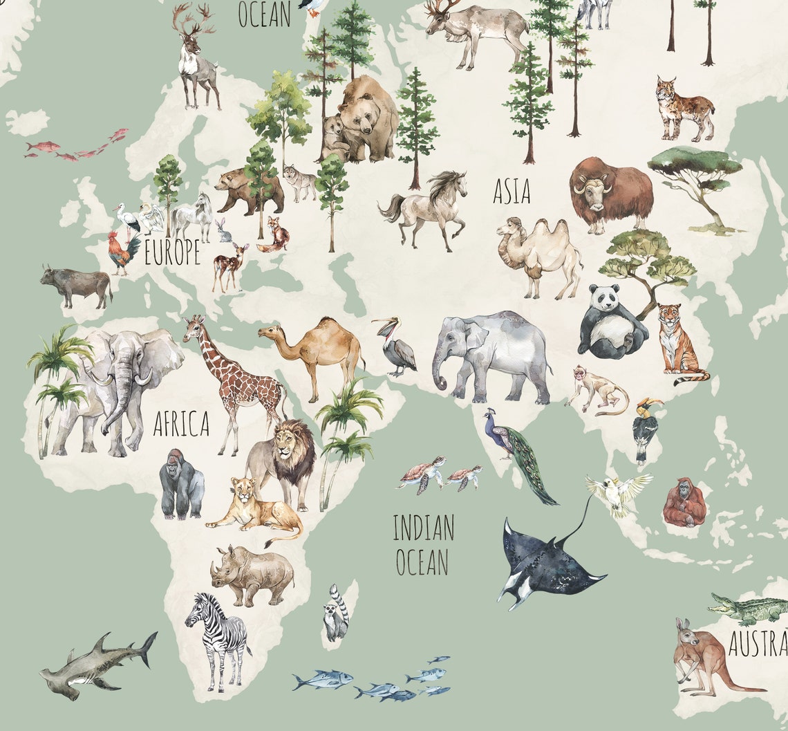 Animal World Map Poster / Children's Map / Nursery Decor / - Etsy