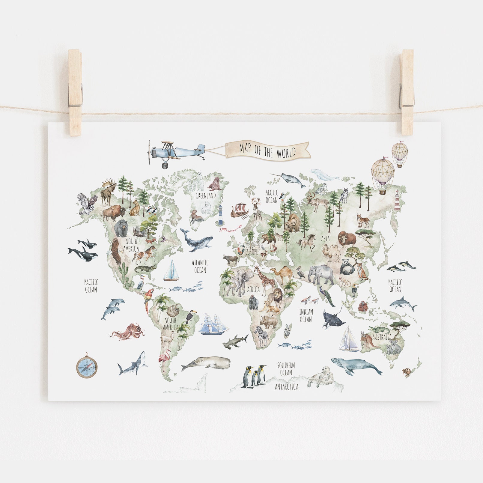 Watercolor Animal World Map Poster, Kids Nursery Decor - Etsy