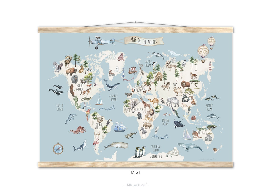Animal World Map Poster / Children's Map / Nursery Decor / - Etsy