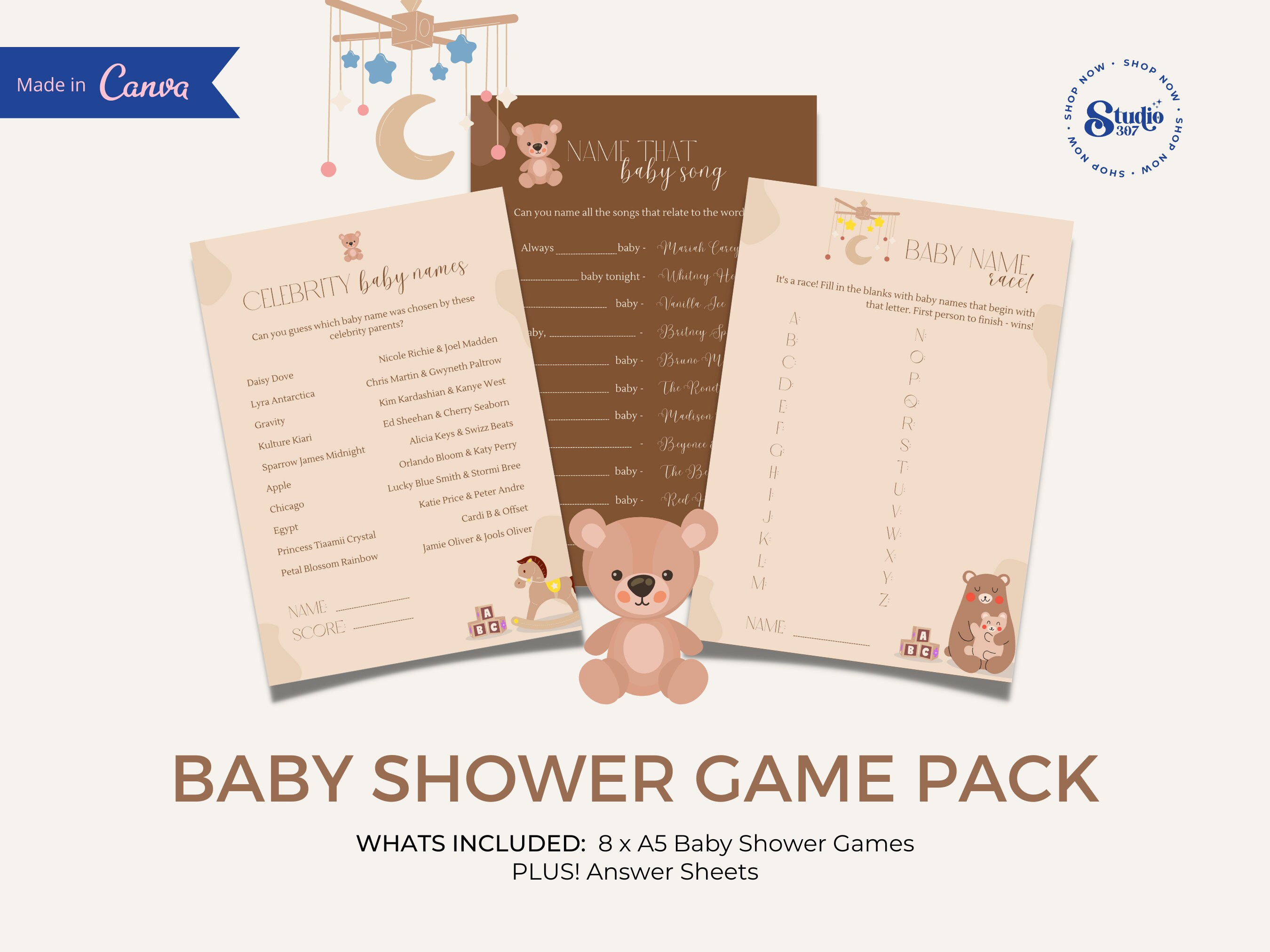 8 Teddy Bear Baby Shower Games - Printable Cute Baby Shower Game Bundle ...