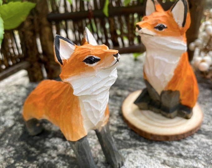 Fox Statuewood Carvinganimal Decorationpainted Wood - Etsy