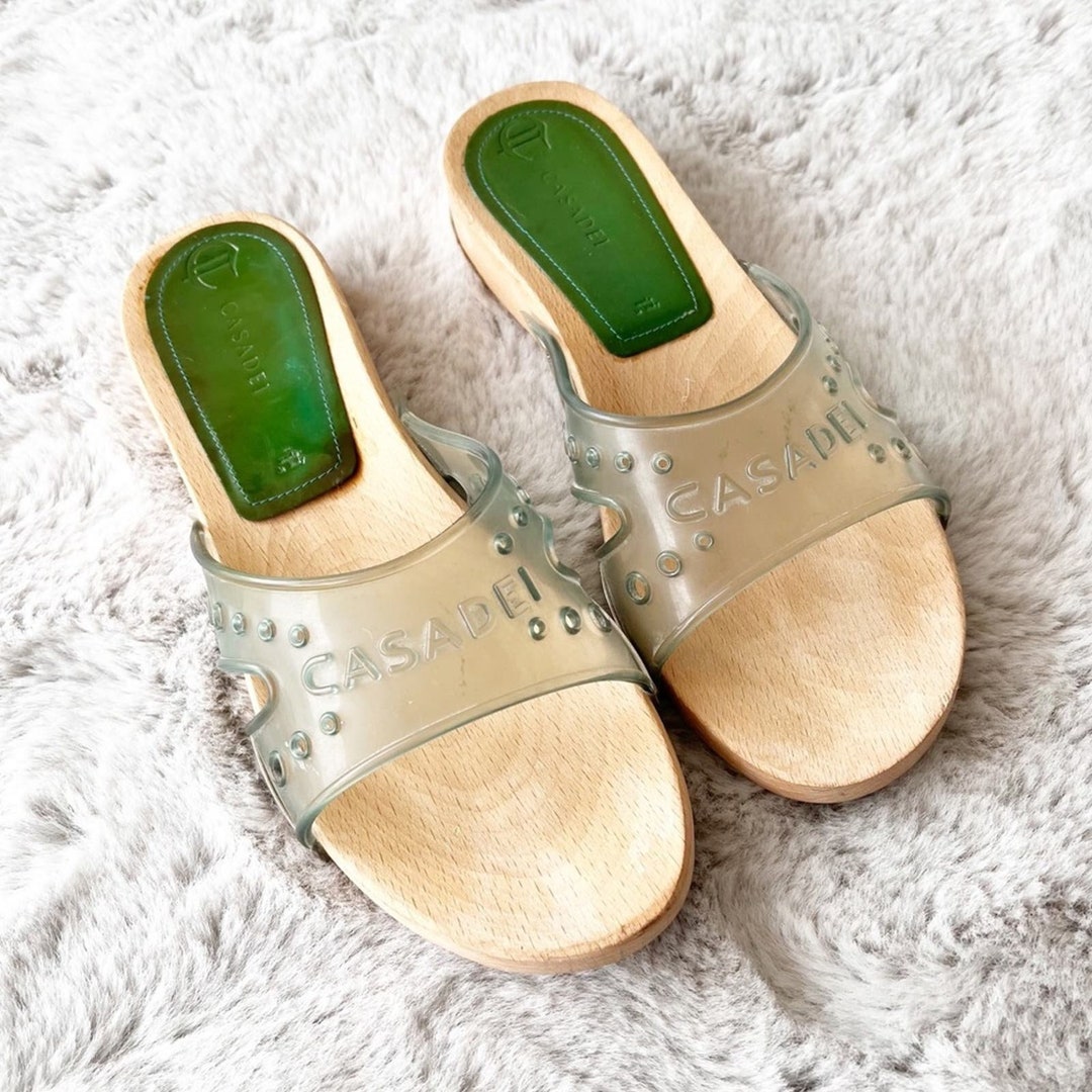 CASADEI Vintage 1990's Wooden Slide Sandals With Green Jelly Wide Strap ...
