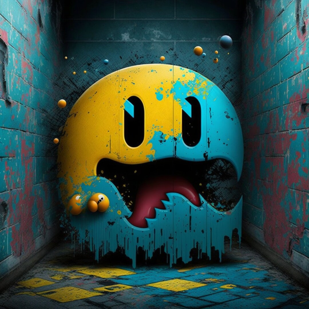 Poster Classic Arcade Gaming Pac Man Yellow Blue Poster Digital ...
