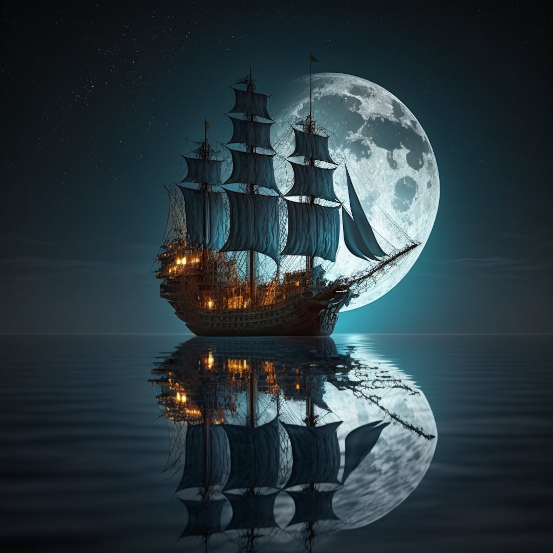 Poster Pirate Ship Under the Moonlight Wall Mural Poster Print Art Home ...
