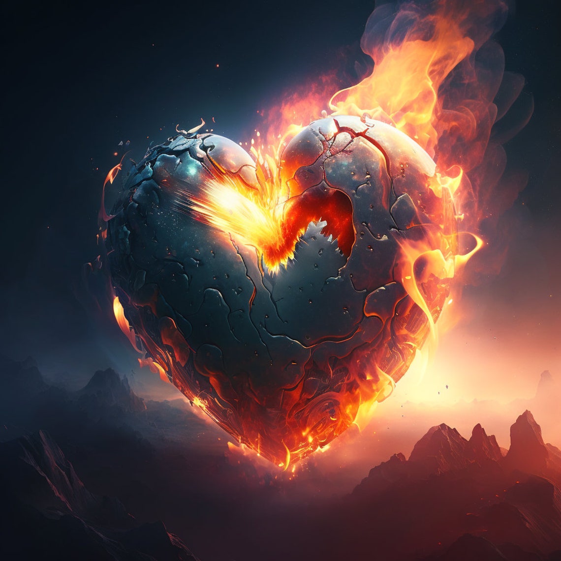 Poster Burning Heart Fire Abstract Art Poster Love Gift Digital ...