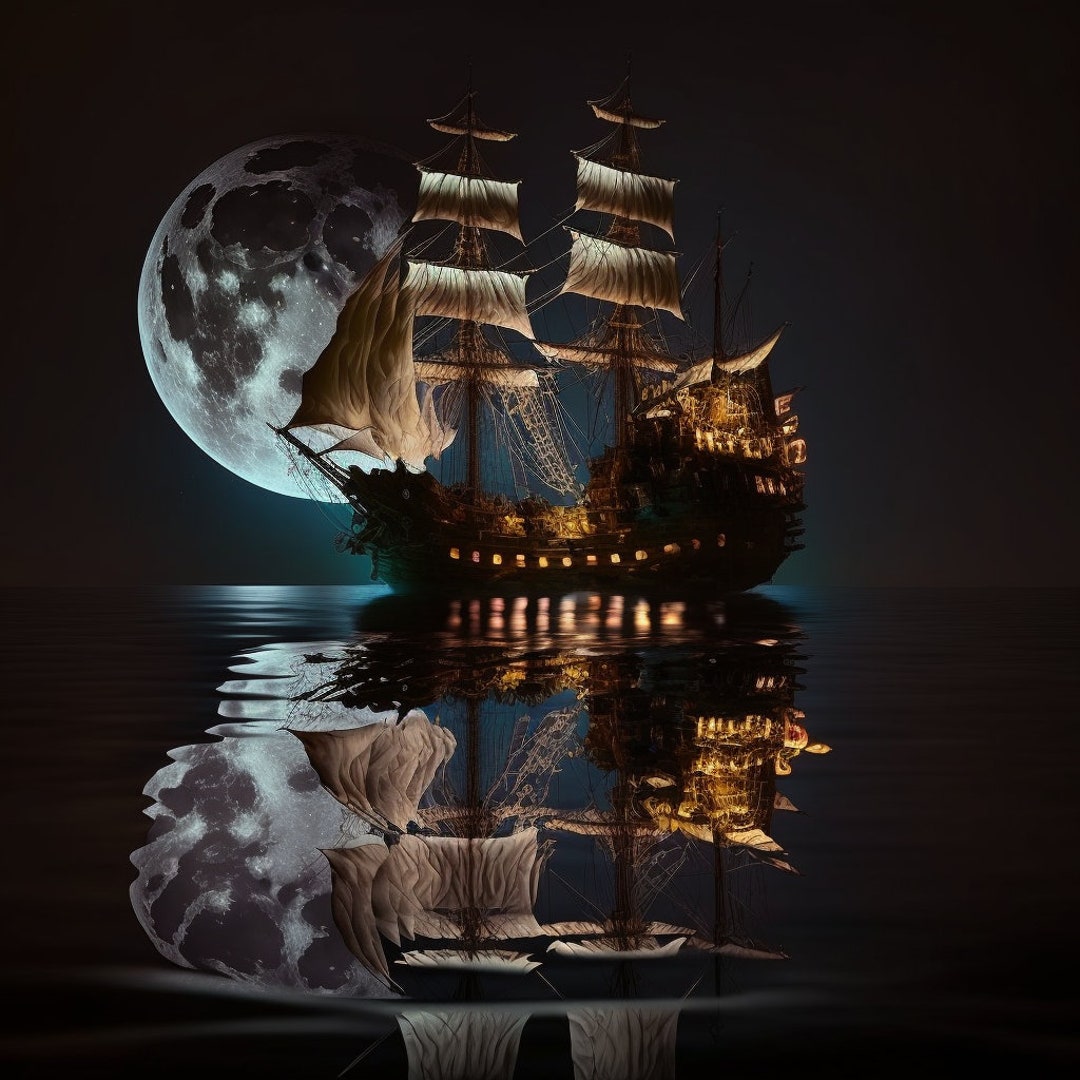 Dark Poster A Pirate Ship Under the Moon Mancave Decor Gothic Art ...