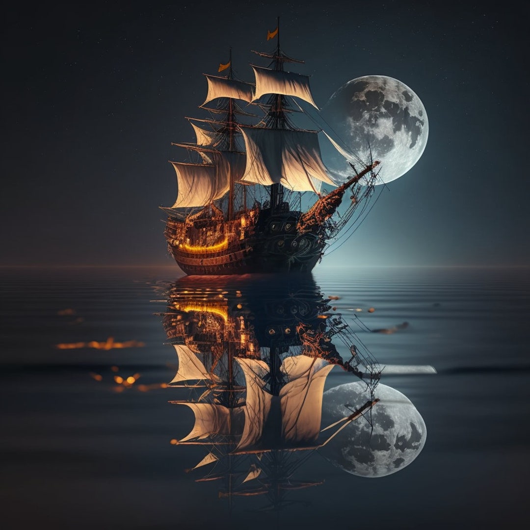 Poster: A Pirate Ship in the Moonlight Man Cave Digital Download Wall ...