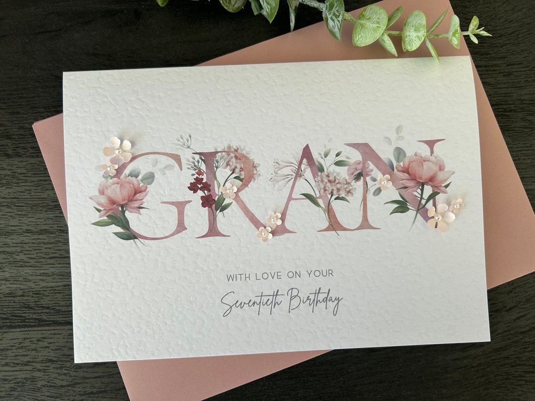 Personalised Handmade Gran Birthday Card, Pink Floral Initials, 40th ...