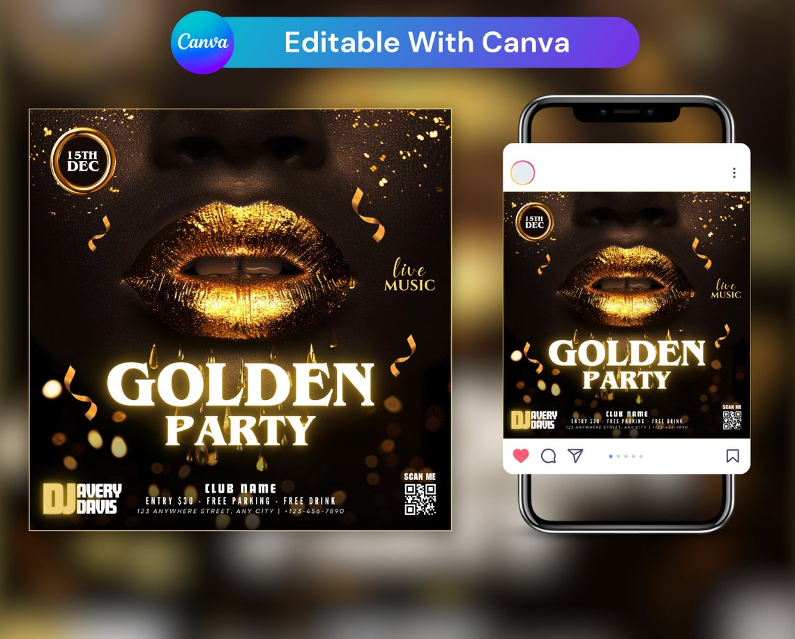 Editable Golden Party Flyer Template: Canva DIY Event Invite (digital ...