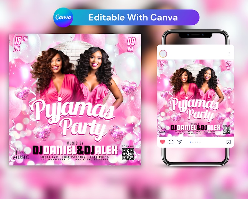 Pajama Party Flyer: Pink & Cloudy, Editable Canva Template - Etsy
