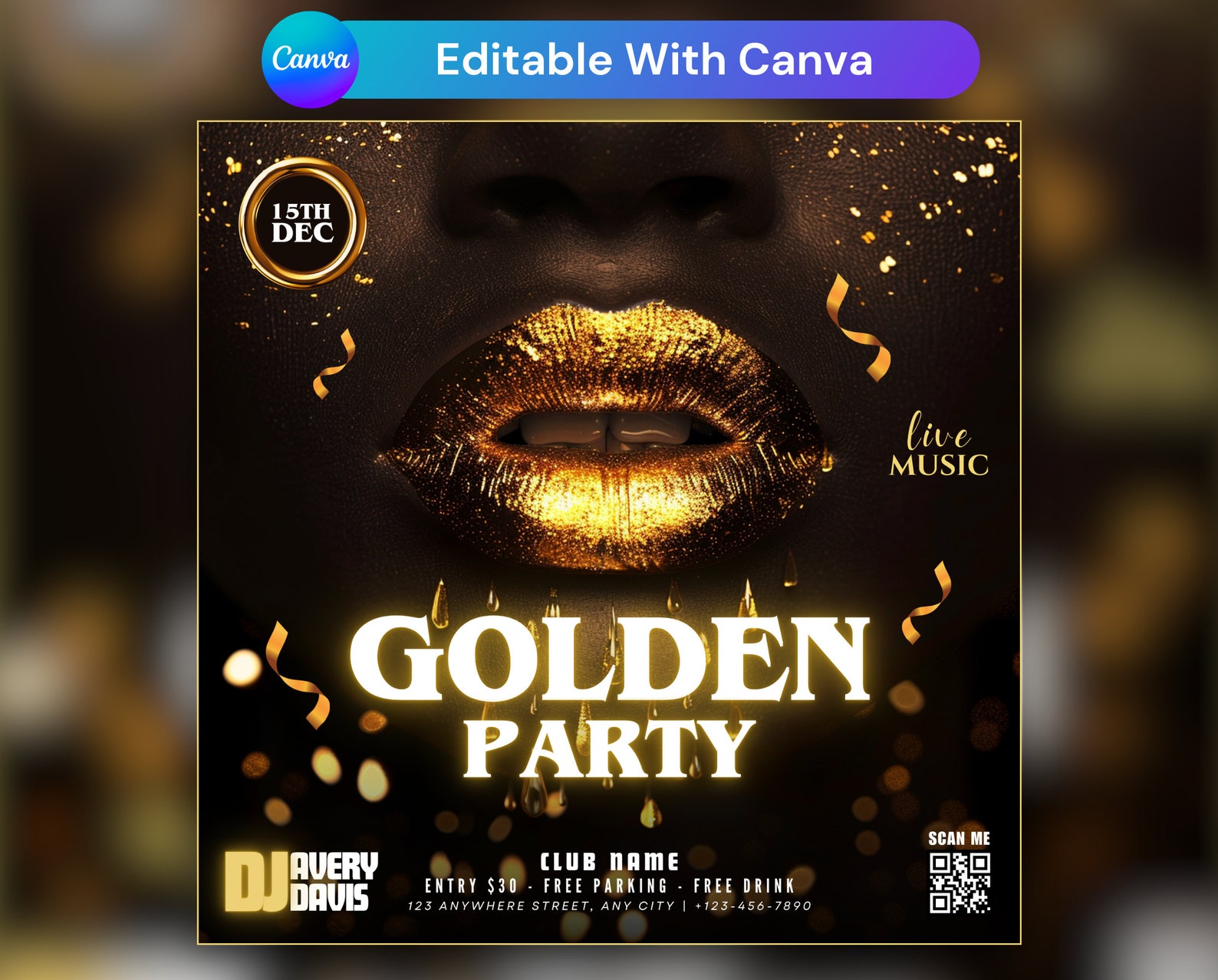 Editable Golden Party Flyer Template: Canva DIY Event Invite (digital ...