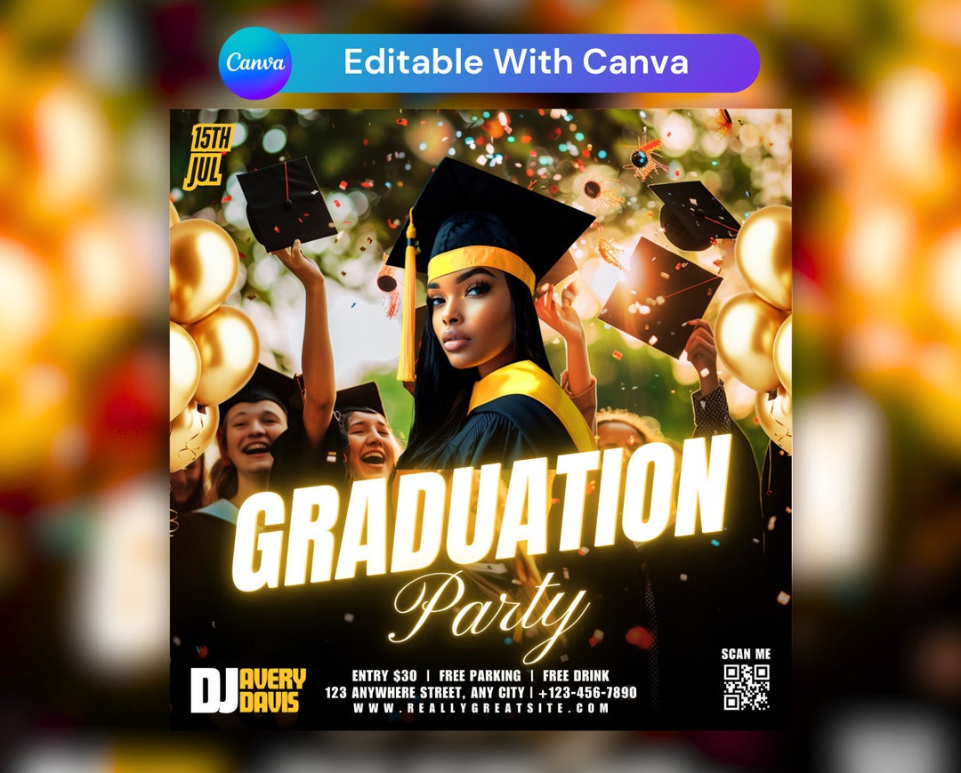Graduation Party Editable Club Flyer Template for Canva, DIY Event ...