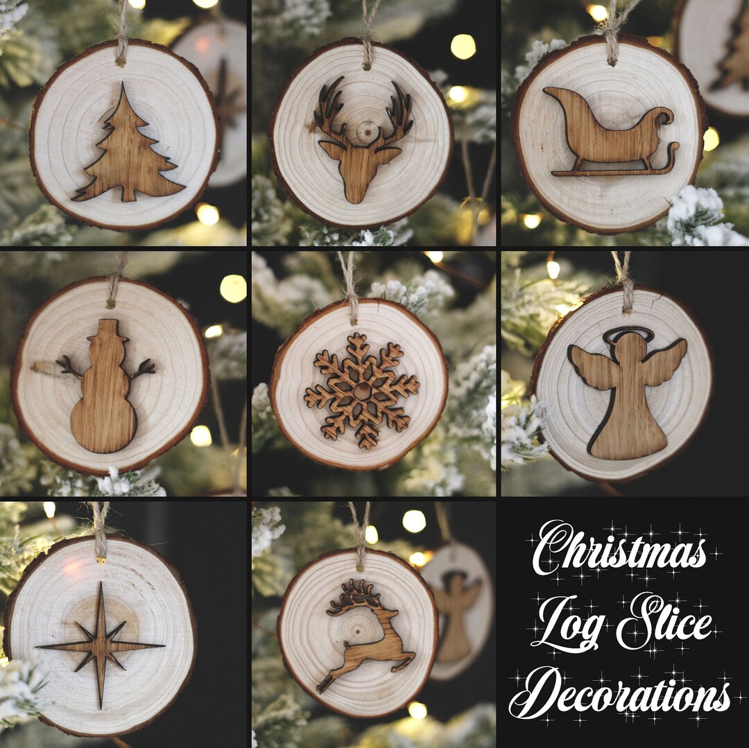 Christmas Log Slice Decorations, Laser Cut Xmas Ornaments, Rustic ...
