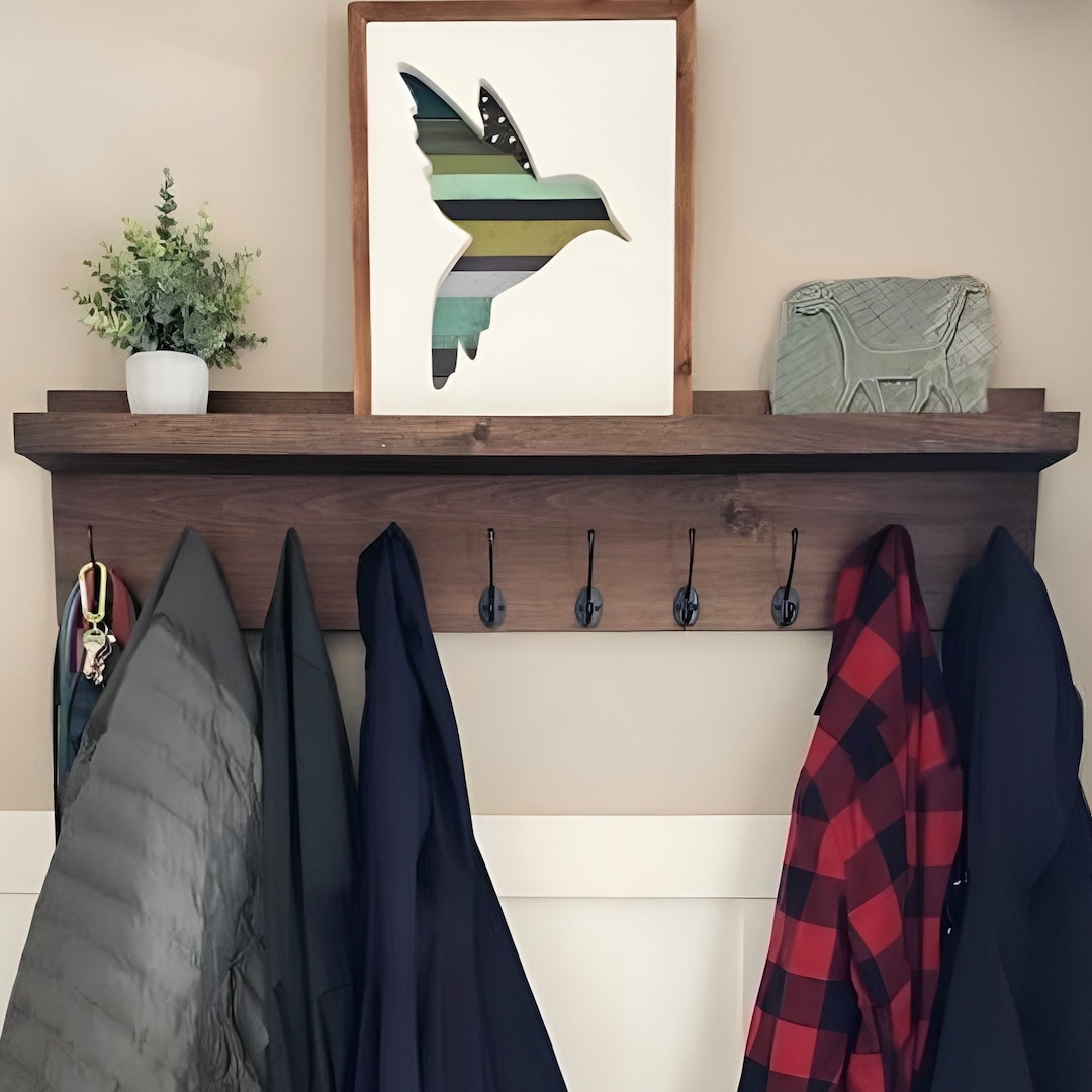 Elegant Wooden Wall Coat Rack With Decorative Shelf – Handmade Entryway ...