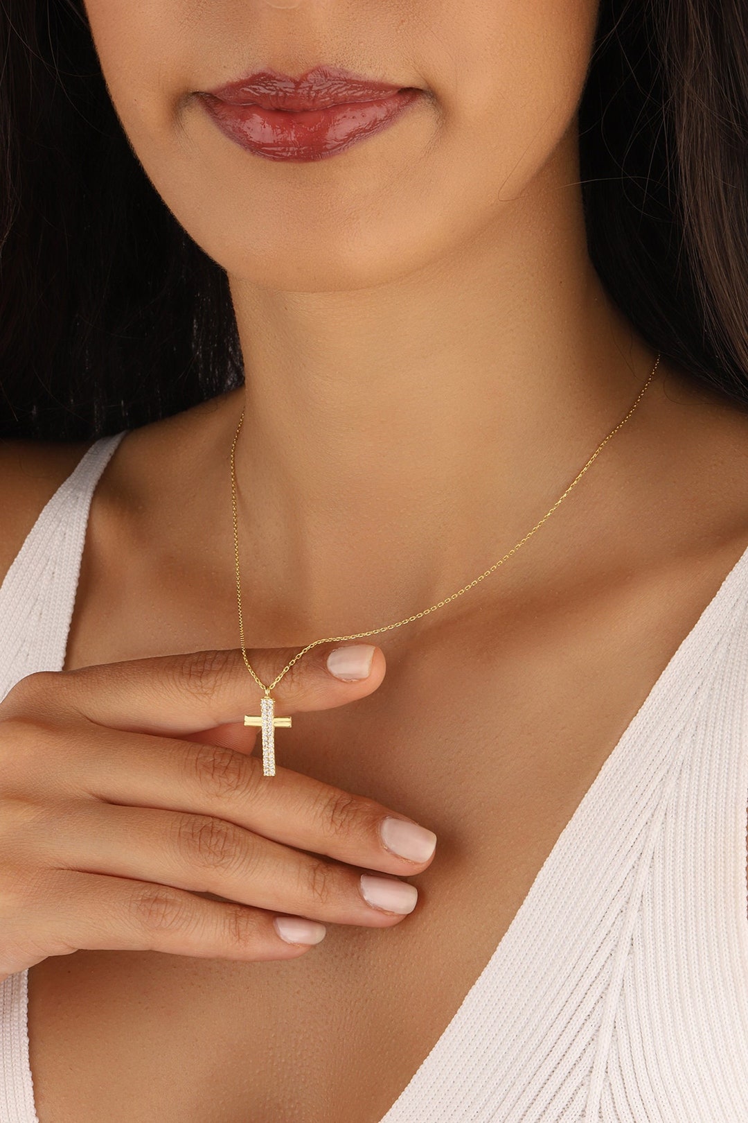 Cross Necklace, 14K Chain Necklace, Cross Pendant Necklace With White ...