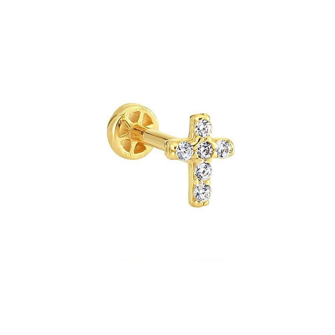 14k Gold Tragus Piercing Cross With CZ Stone, Threadless Flat Back ...