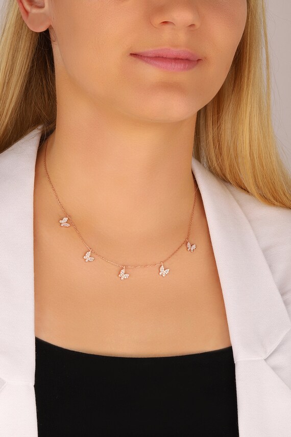 Dangling White Stone Butterfly Silver Necklace Minimalist Jewelry Layering Necklace Silver Butterfly Pendant Necklace Delicate Butterfly Etsy