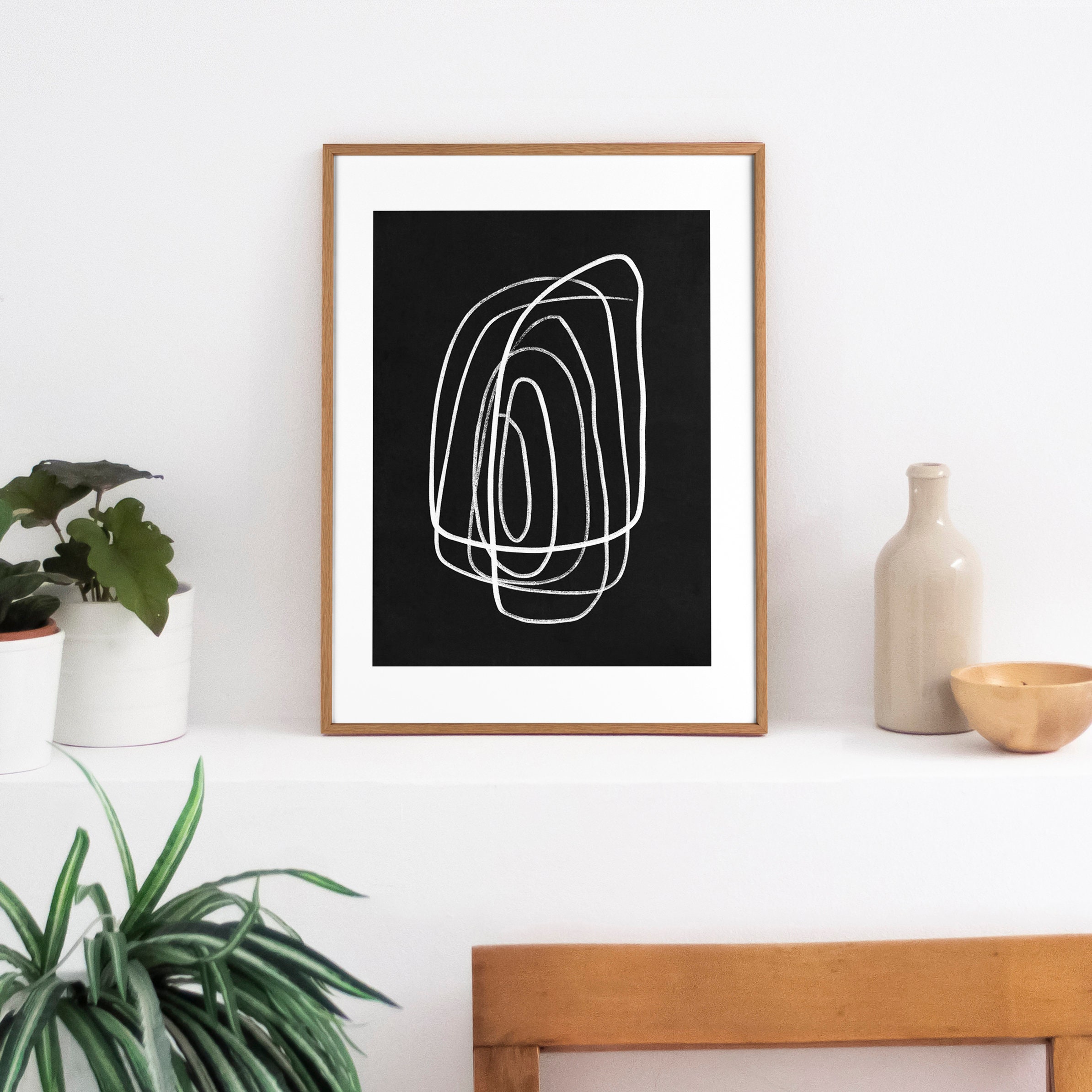 Printable Art Prints, Mid Century Poster, White Line Art on Black ...