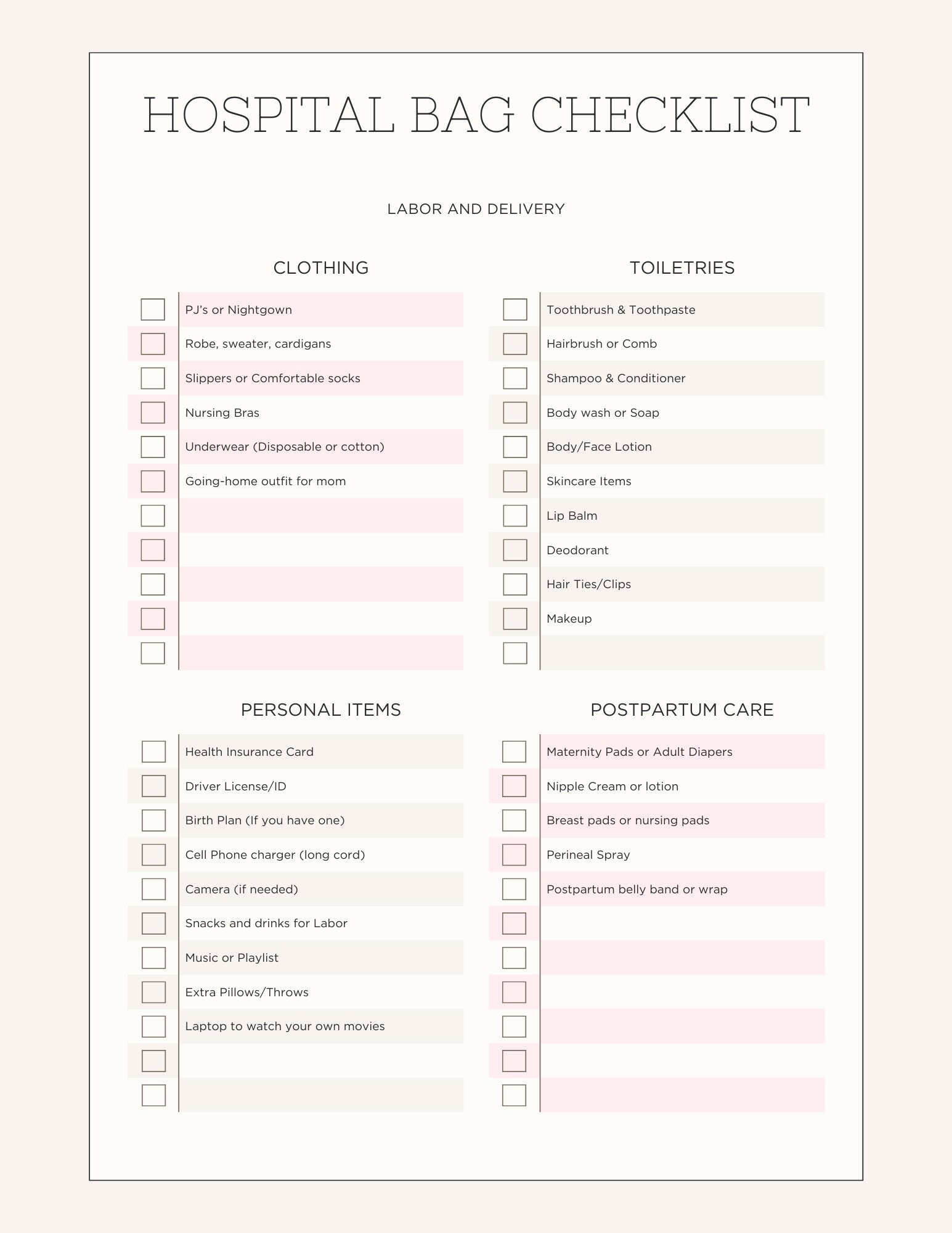Labor and Delivery Hospital Bag Checklist - Etsy