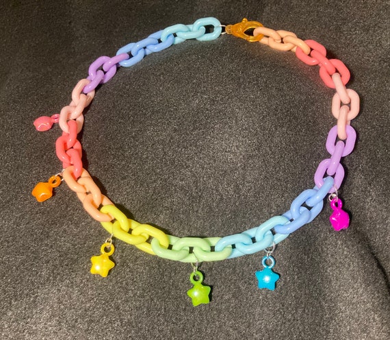 Rainbow Pastel Chunky Chain Necklace With Lil Puffy Star - Etsy