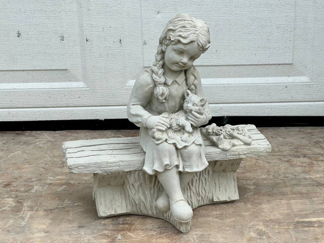 Girl With Cat Figure Garden Statue Concrete Girl Figurine on - Etsy