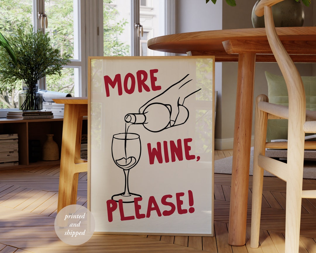 More Wine Please Print - Bar Cart Decor - Retro Wine Print - Hand Drawn ...