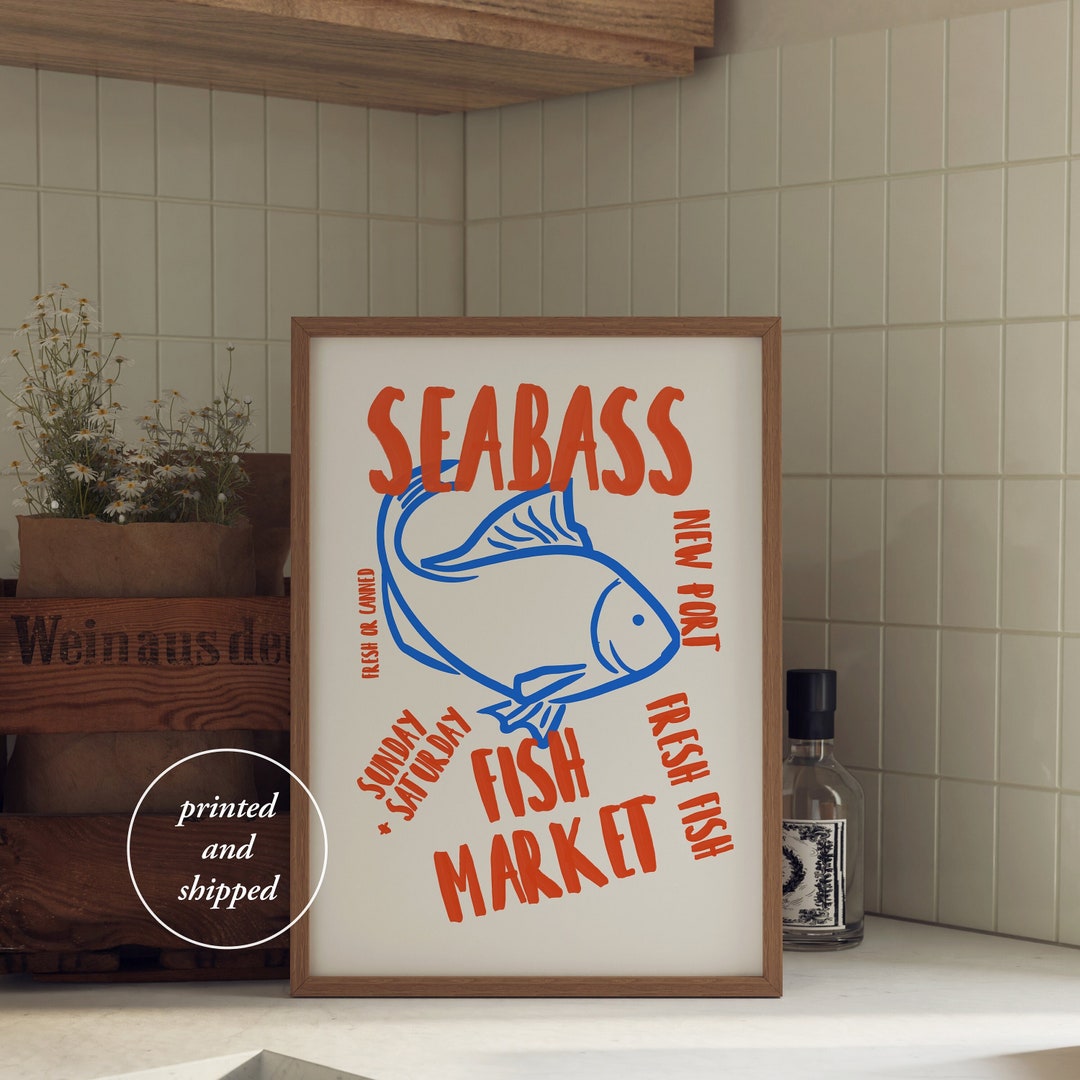 Fish Market Print - Seafood Wall Art - Fresh Fish Poster - Hand Drawn ...