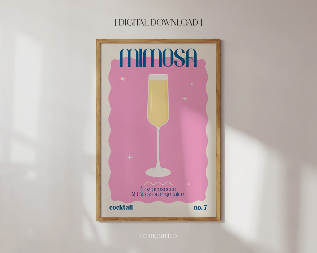 Mimosa Cocktail Print Pink Trendy Cocktail Poster Home Bar Cart Decor ...