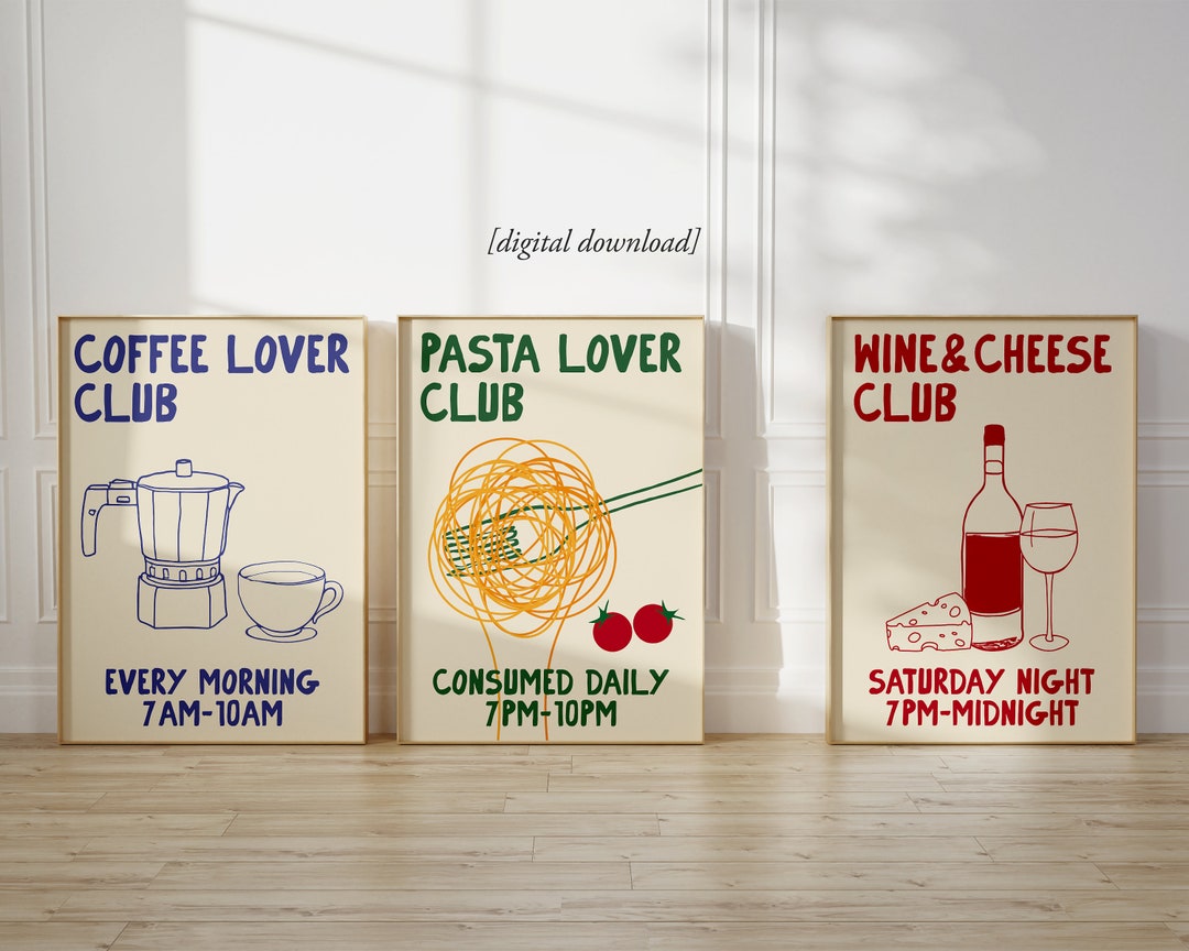 Hand Drawn Kitchen Print Set of 3 - Moka Pot Coffee Print - Pasta Lover ...