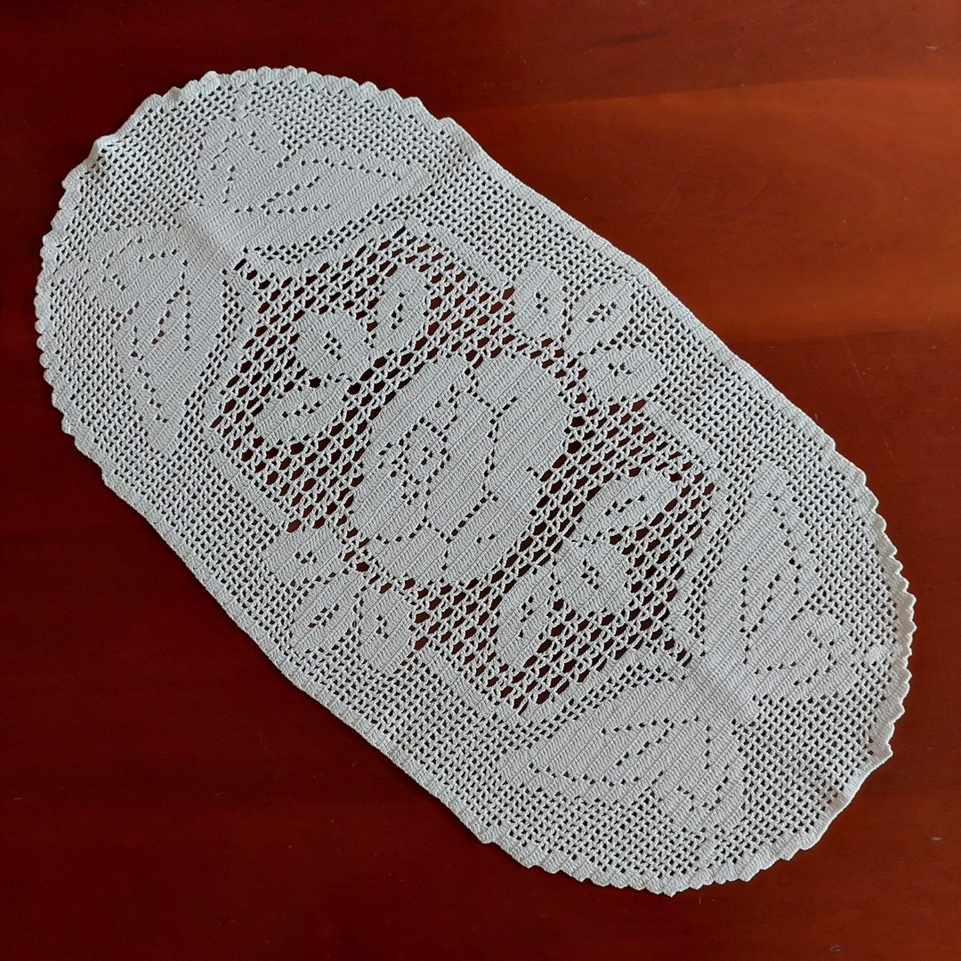 Vintage Crochet Doily - Handmade Oblong Doily - White Cotton Doily With ...