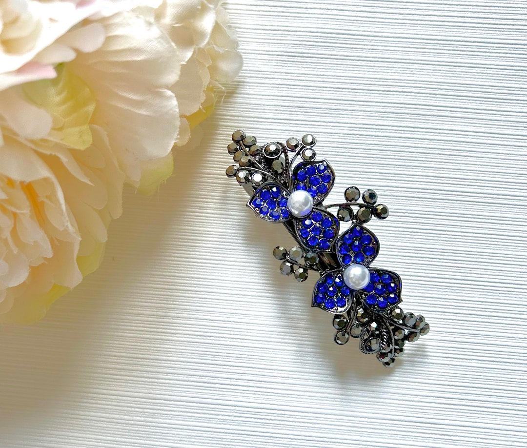 Vintage Black Royal Blue Pearl Rhinestone Hair Clip Wedding Black Blue ...
