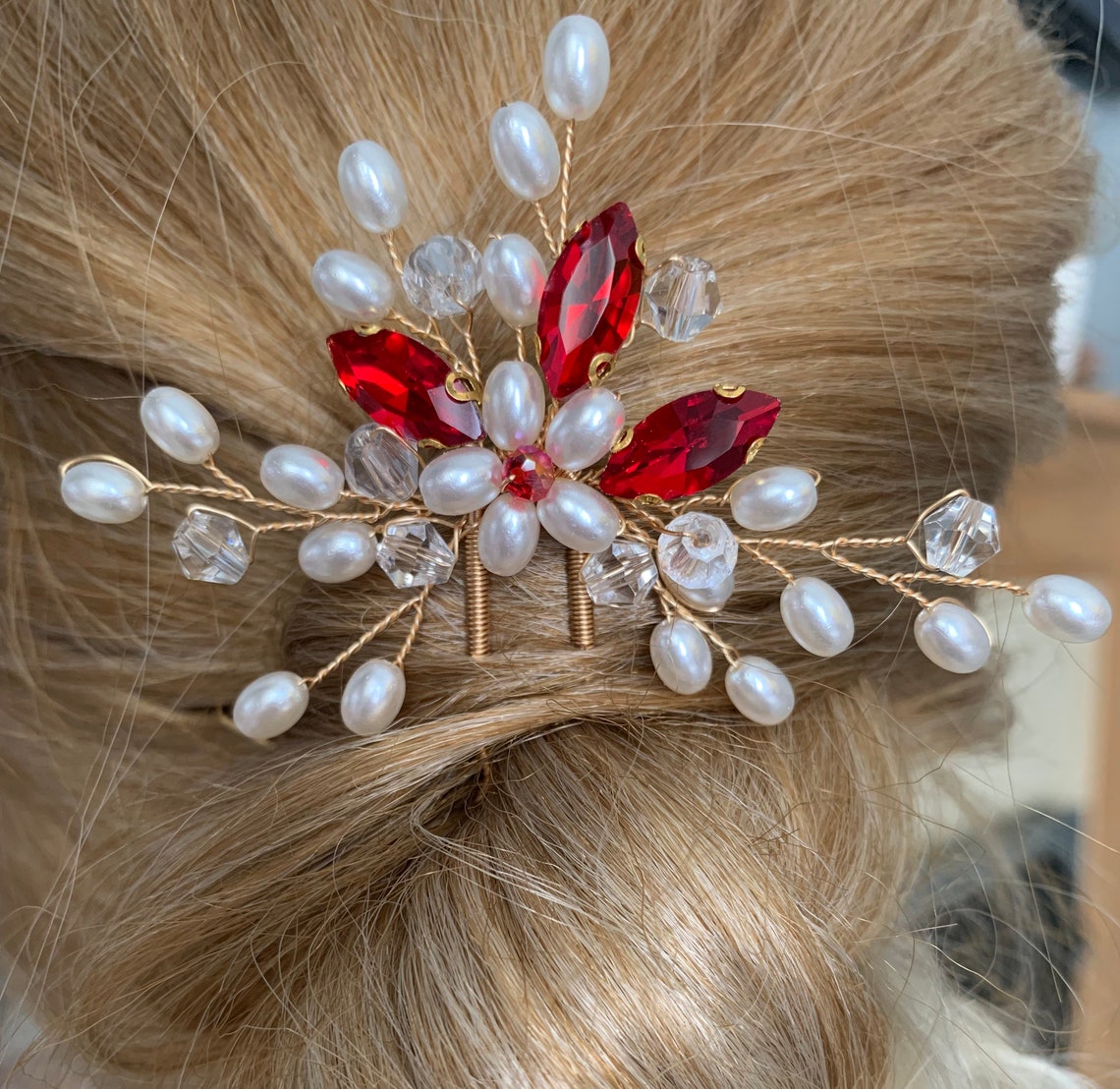 Ruby Red Bridal Hair Pin Bright Red Crystal and Pearl Hair - Etsy