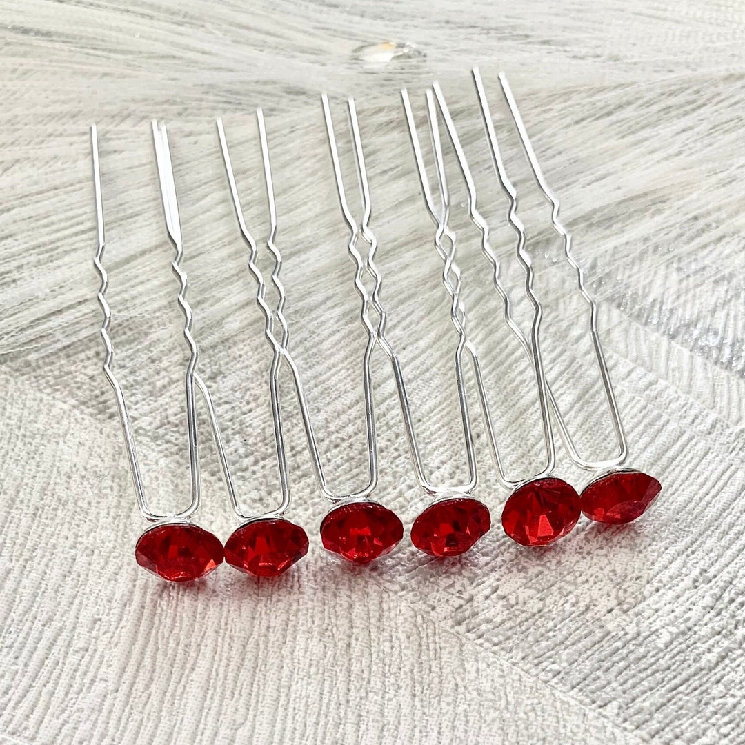 Bright Red Crystal on Silver Hair Pins Red Barrettes Red Wedding Bobby ...