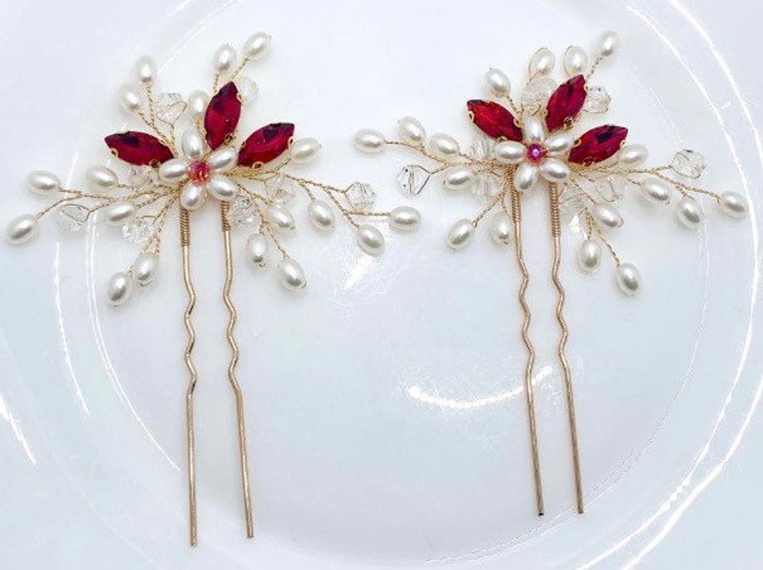 Ruby Red Bridal Hair Pin Bright Red Crystal and Pearl Hair Clips Red ...