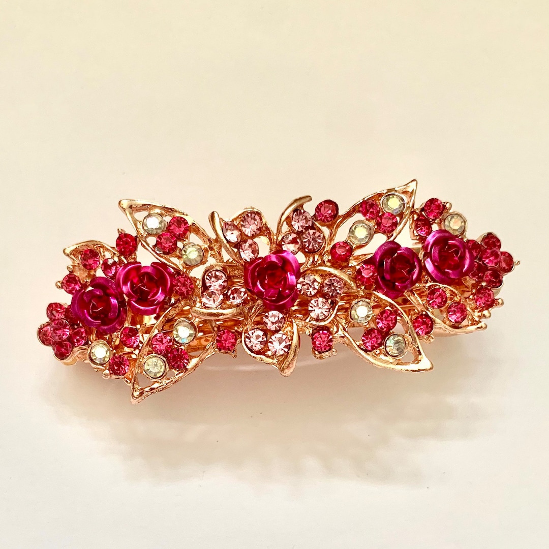 Wedding Pink Floral Crystal Hair Clip Decorative Pink Flowers on Rose ...