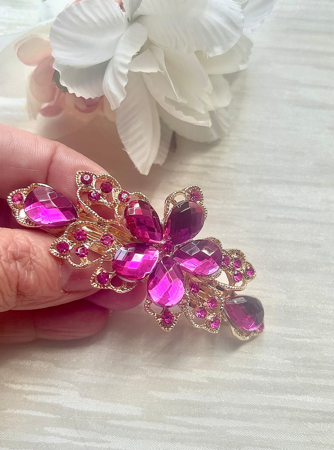Bright Pink Rhinestone Hair Clip Pink And Gold French Barrette Pink