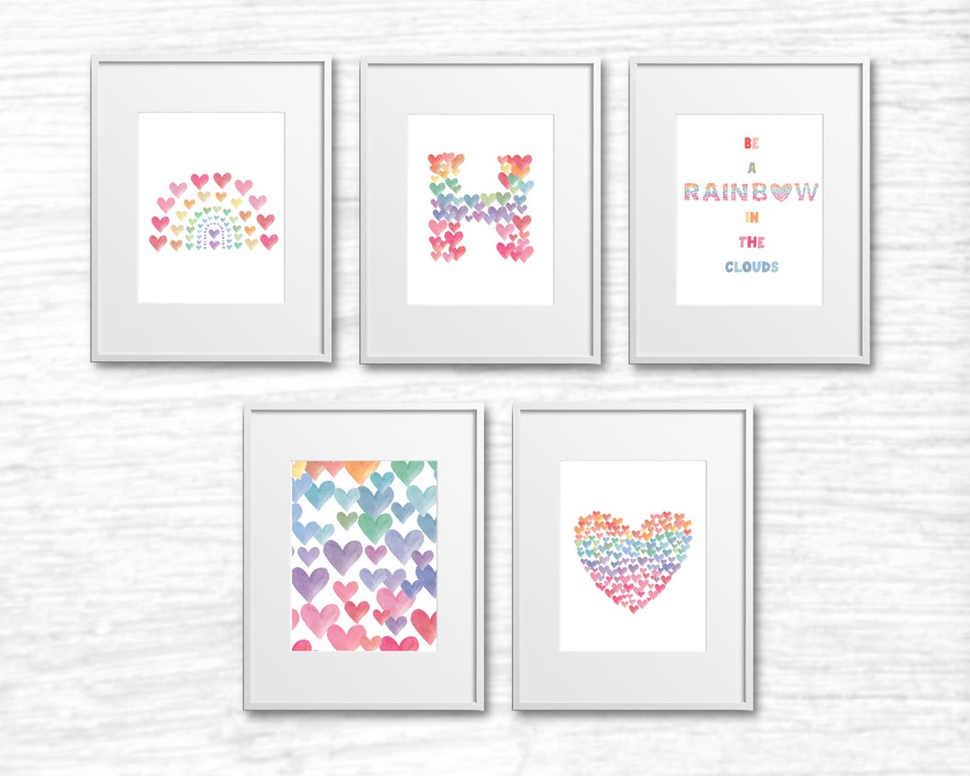 Set of 5 Water Color Rainbow Heart Art Print Bundle | Rainbow Nursery ...