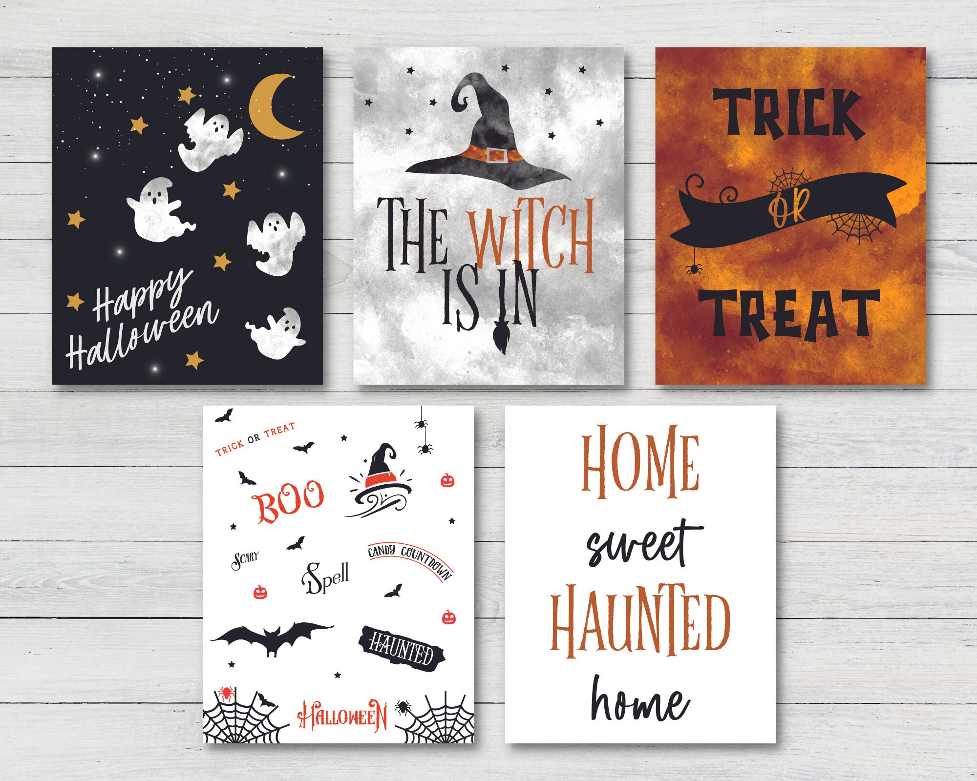 Set of 5 Halloween Printable Gallery Wall Art Bundle, Halloween Art ...