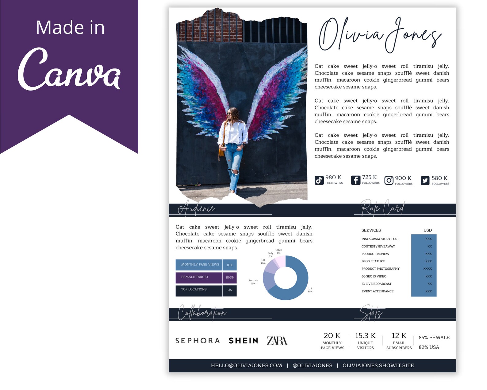 Instagram Influencer Media Kit Template | Single Page | Editable in ...