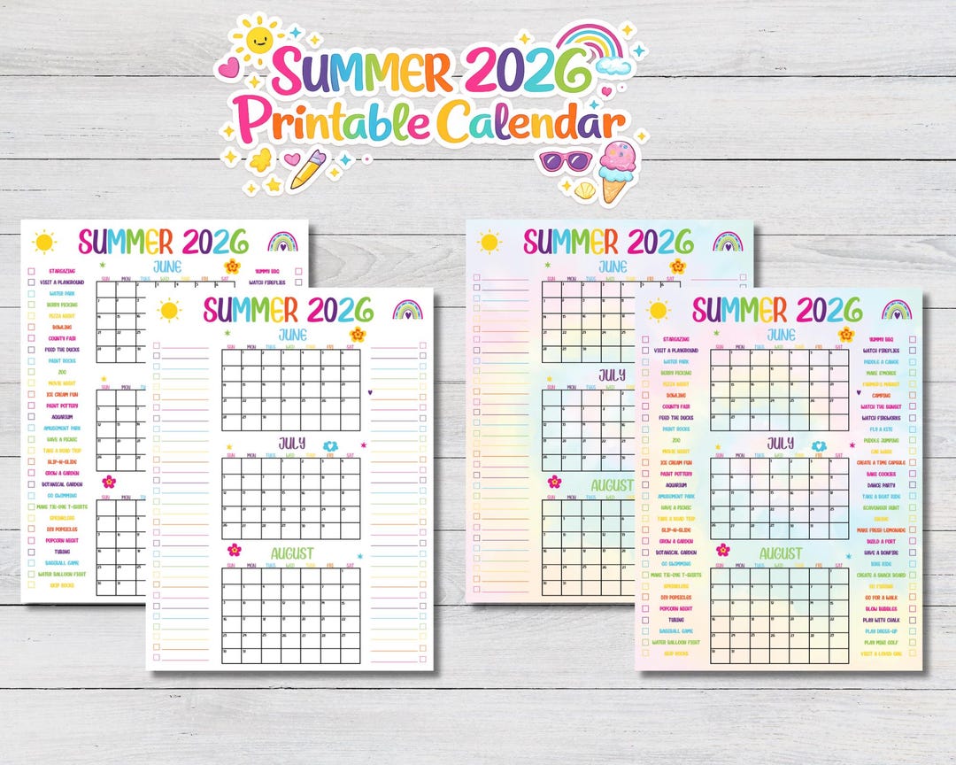 Summer 2026 Printable Calendar Poster, Set of 2 Summer Calendar, Fill ...