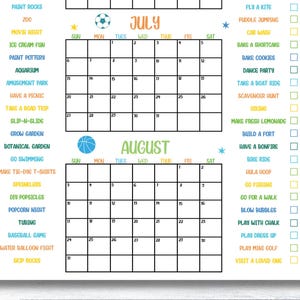 2025 Summer Printable Calendar Poster, Boys Summer Activities Calendar ...