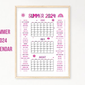 Summer 2024 Pink Printable Calendar Poster, Summer Fill in Activities ...