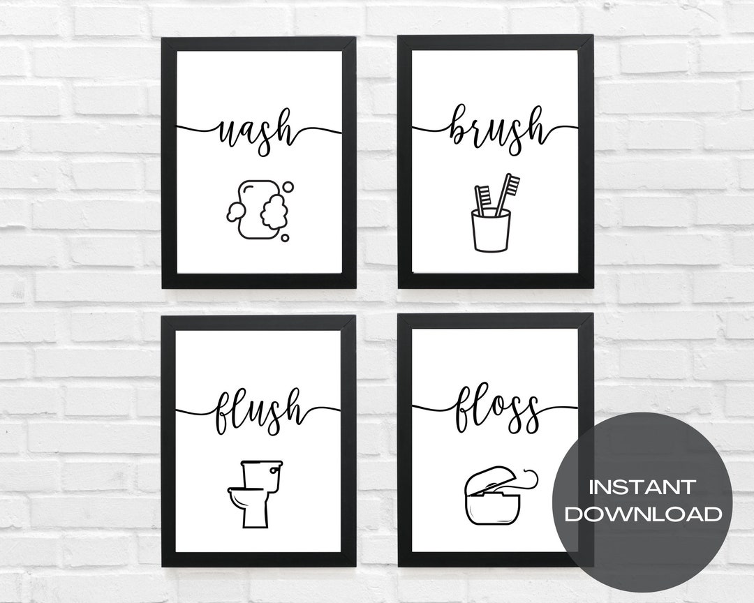Wash Brush Floss Flush Bathroom Signs, Bathroom Decor, Bathroom Posters ...