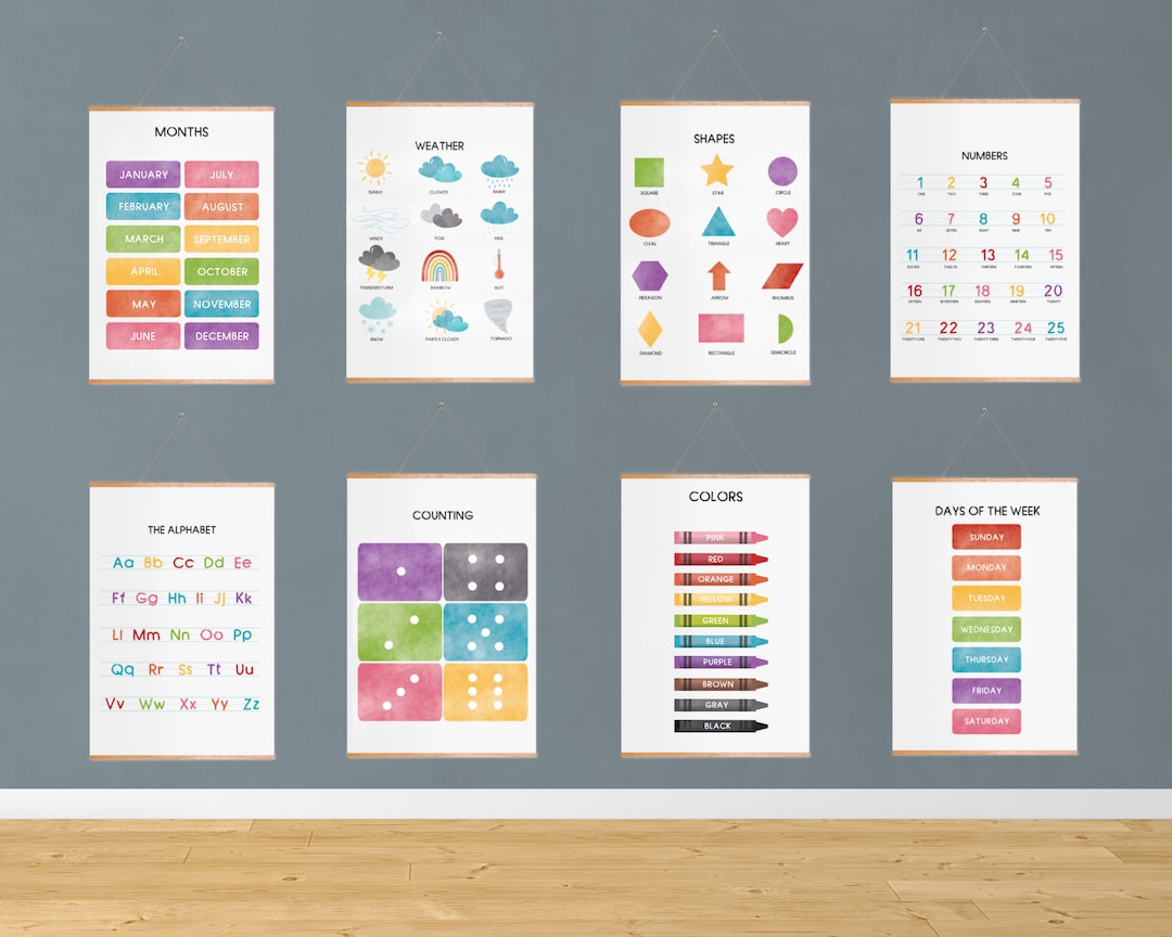 Set of 8 Preschool Learning Posters, Educational Prints, Watercolor ...