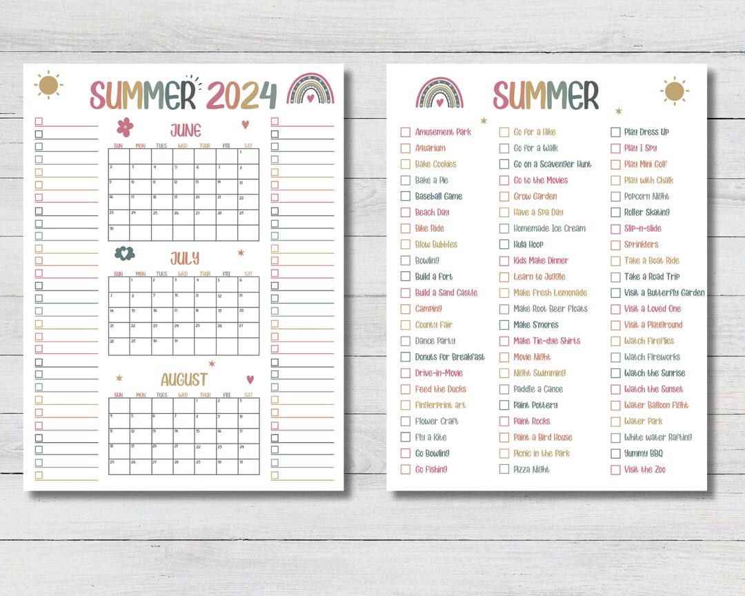 2024 Summer Printable Calendar Poster, Summer Activities Calendar ...